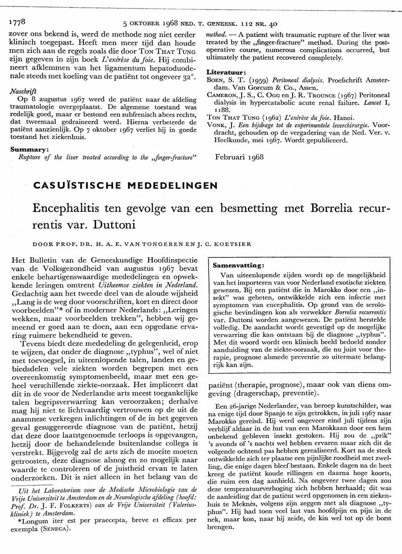 Encephalitis ten gevolge van een besmetting met Borrelia recurrentis ...